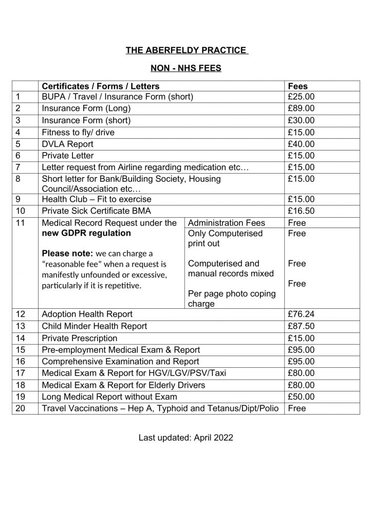 Non-NHS Fees | The Aberfeldy Practice