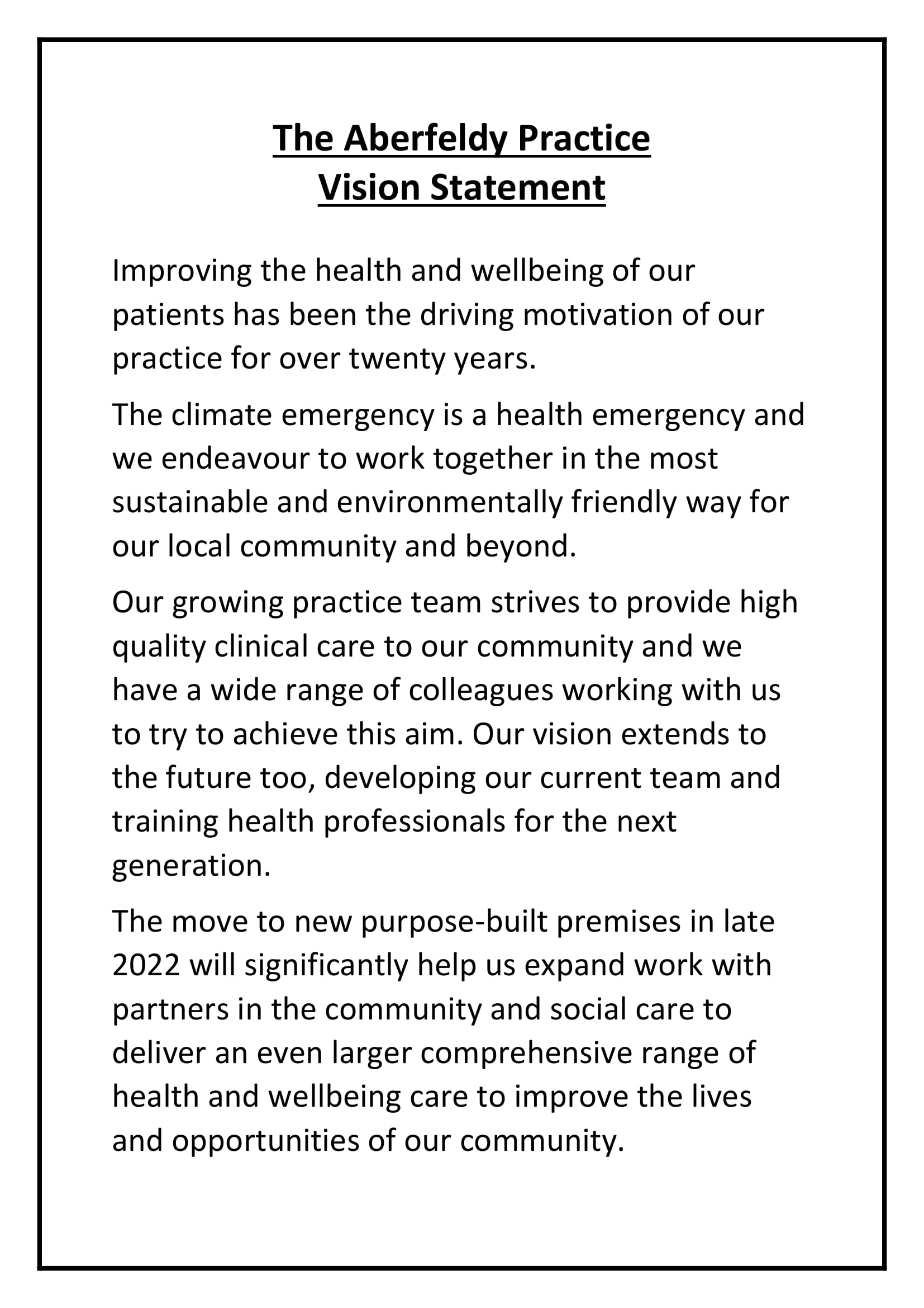 Practice Vision Statement | The Aberfeldy Practice