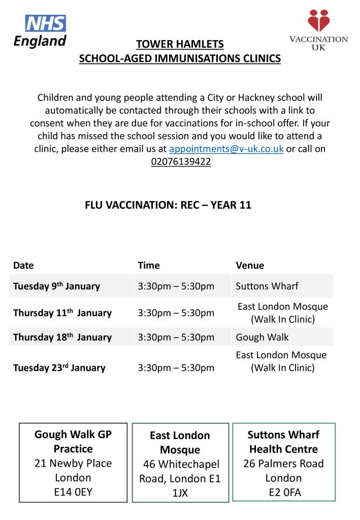 Flu Vaccination: School-Aged Immunisation Clinics in Tower Hamlets ...