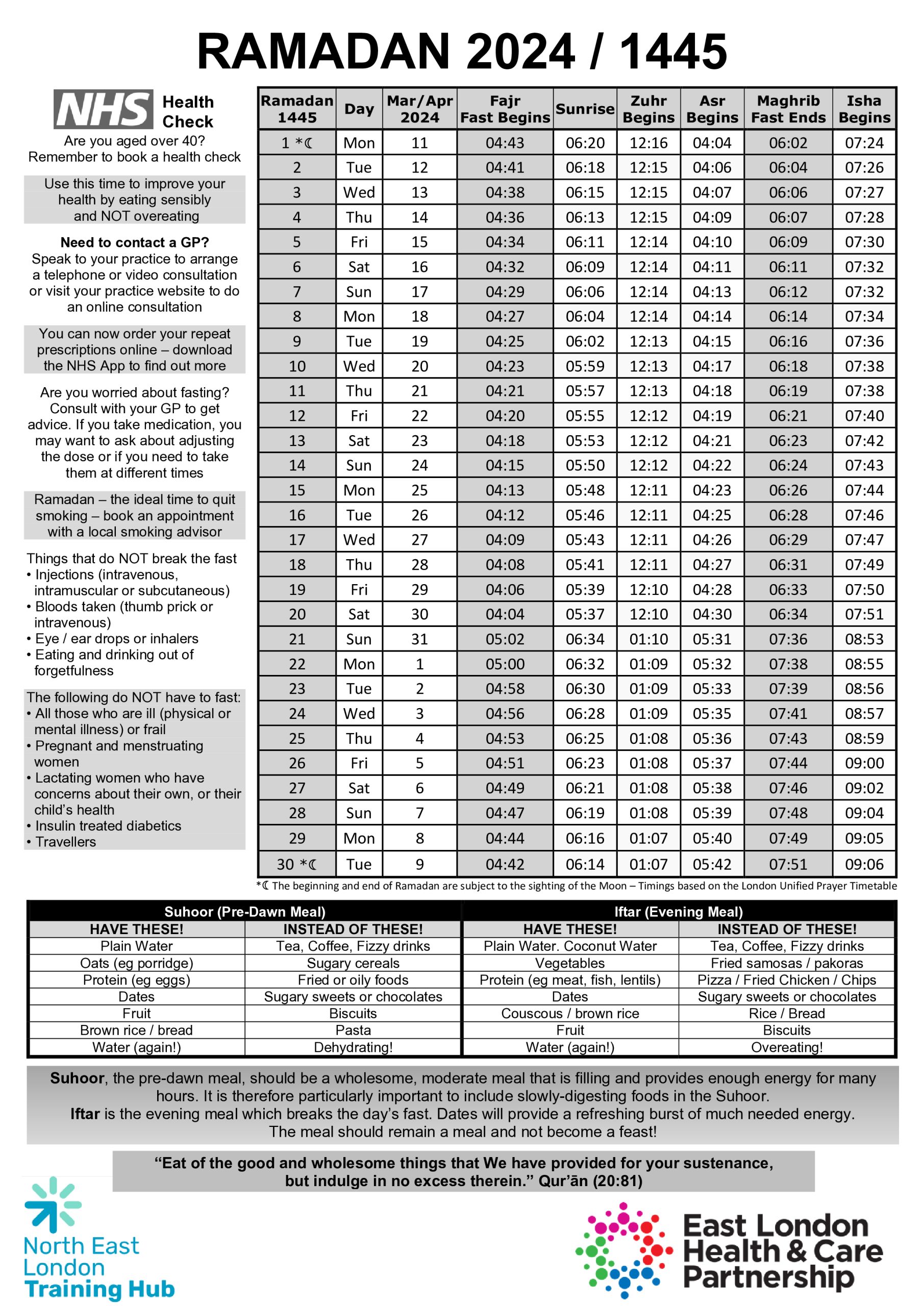 Ramadan Time Table 2024/1445 | The Aberfeldy Practice