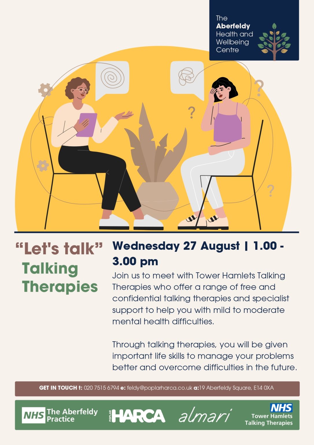 “Let’s talk” Talking Therapies – Wednesday 27 August 1:00 – 3:00pm | The Aberfeldy Practice